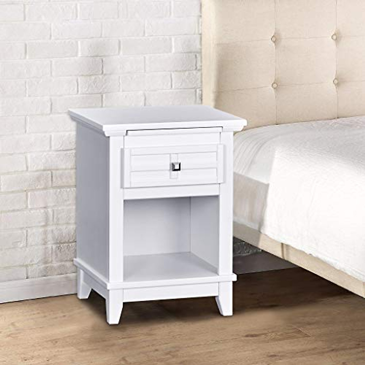 MUSEHOMEINC Classic Style Nightstand with Drawer, and Pull-Out Tray/End Table for Bedroom Open Cabinet Storage Home Furniture,White