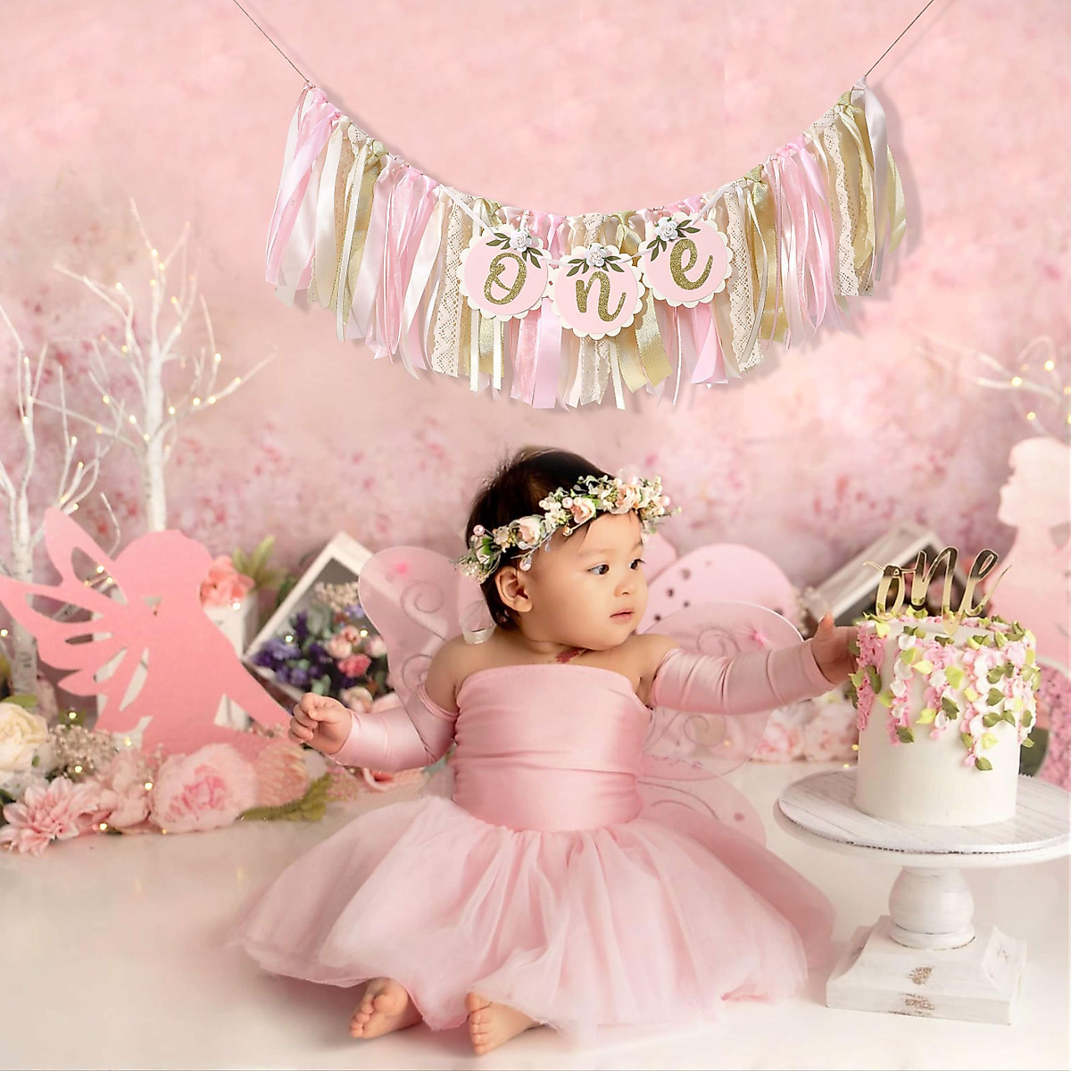 Pink Golden Floral High Chair Banner - Rose 1st Birthday Highchair Banner, Girls’ 1st Birthday Decoration, Pink First Birthday Decor, One High Chair Banner, 1st Birthday Party Decorations for Girls,