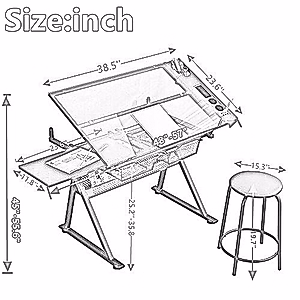 Gynsseh Drafting Table with Stool, Adjustable Height Drawing Table for Artists, 0-75° Tilting Glass Tabletop Art Craft Desk Watercolour Painting Workstation for Home School, White