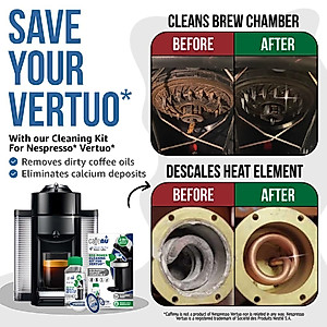 Nespresso Compatible Descaling Kit. 2 Uses Nespresso Vertuo Descaling Solution and 6 Cleaner Pods. Removes Limescale & Cleans Pod Area. Better Tasting & Hotter Coffee. 4 Months Supply.