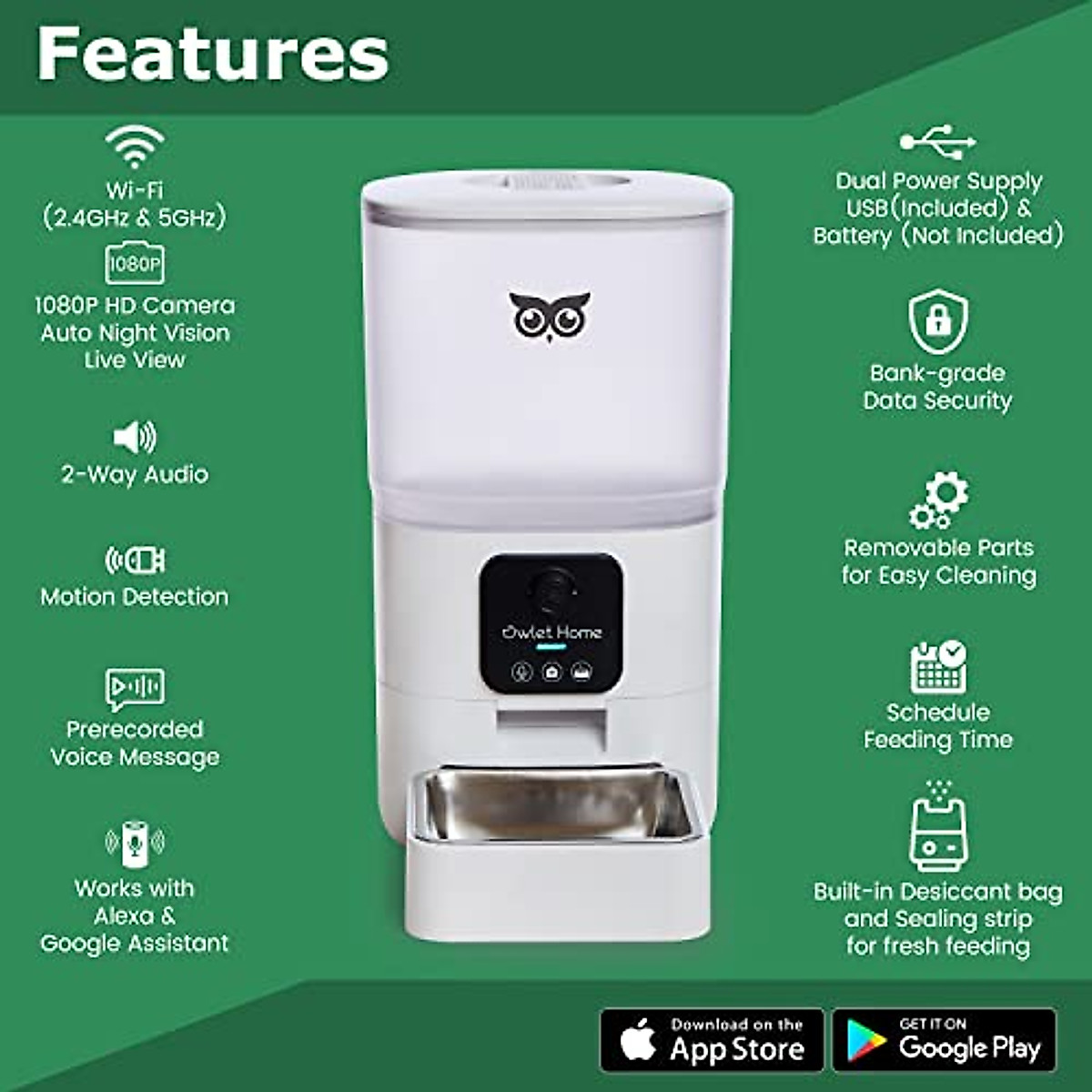 Owlet Home Smart Automatic Pet Feeder with1080P HD Camera for Cats & Dogs (6L), WiFi, Live Video, Auto Night Vision, 2-Way Audio, Works with Alexa & Google Assistant, Motion Alert, No Monthly Fee