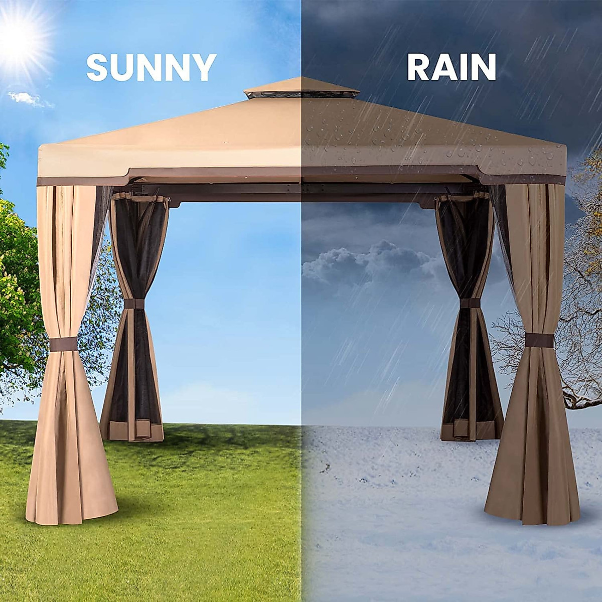 SUNCROWN 10 x 10 FT Outdoor Gazebo for Patio Iron Frame Garden Permanent Gazebo with Vented Soft Canopy and Mosquito Netting, Brown