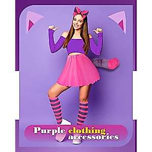 Striped Cat Costume for Girls Women, Cat Ears, Furry Tail, Striped Socks for Halloween Cosplay (Purple, Pink)
