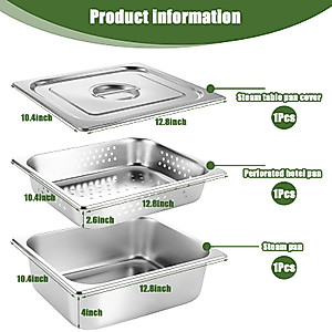 3 Pack Half Size 4 Inch Hotel Pan with Lids 2.6 Inch Perforated Steam Pan Stainless Steel Restaurant Pans for Restaurants, Cafeteria, Kitchen