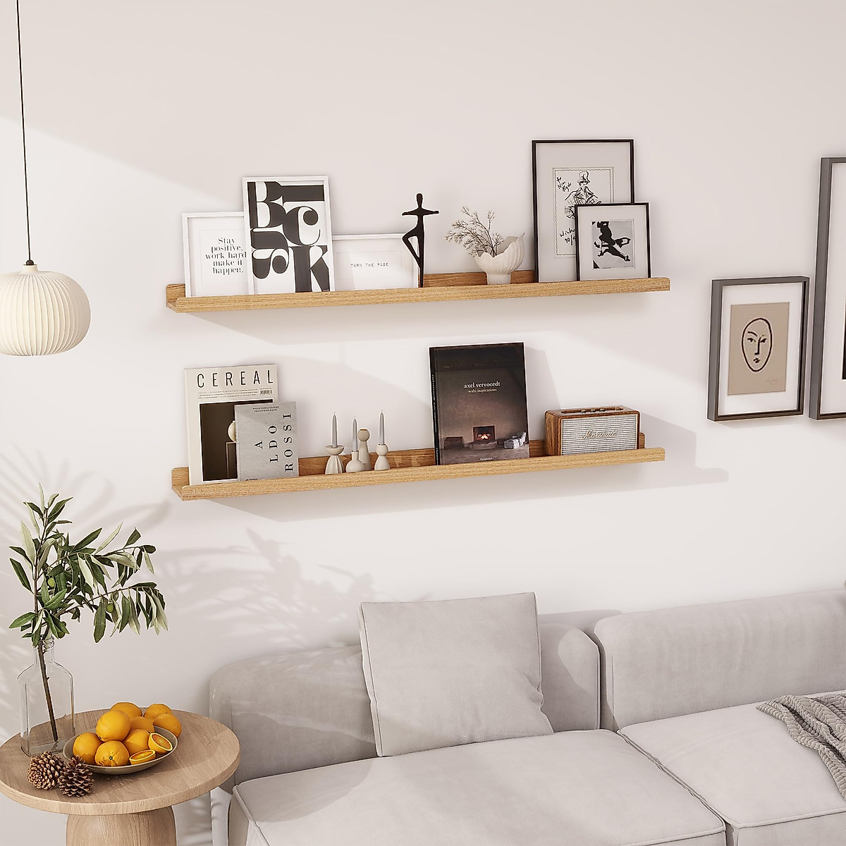 FLYJOE Picture Ledge Shelf 48 Inch | Solid Ash Wood Picture Shelf Set of 2 | 48 Inch Natural Wood Floating Shelves with Lip | Long Picture Shelf for Wall with Ledge | Photo Ledge Shelves - Natural