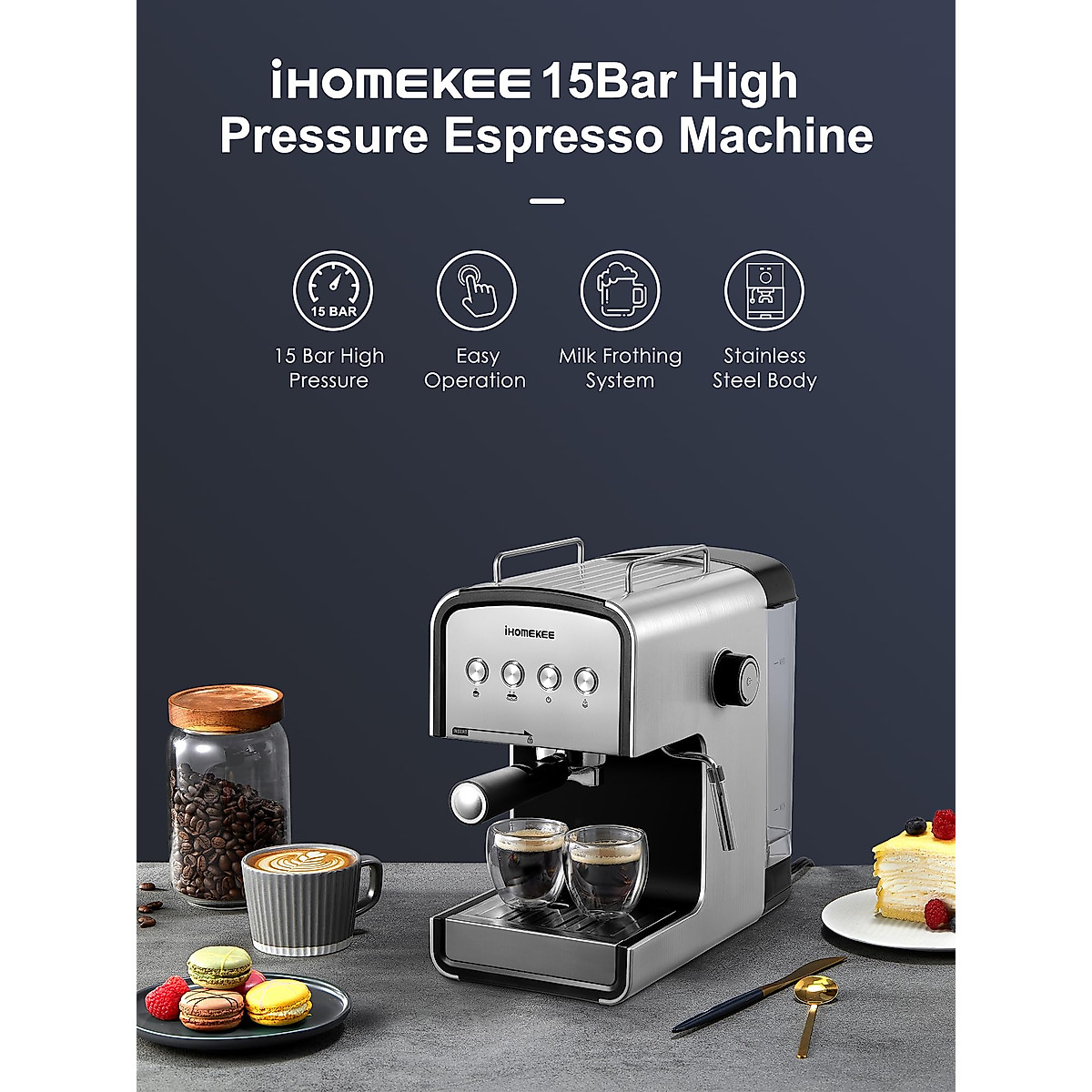Ihomekee Espresso machine, CM6822 15 Bar Coffee Maker for Cappuccino and Latte Maker With Milk Frother, Removable Water Tank, Fast Heating Coffee Machine for Home, Office