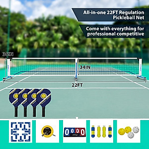 JOGENMAX Portable Pickleball Net System with Lockable Wheels, Metal Frame Pickleball Court with LED Light, Regulation Size Net with Durable Carrying Bag, and 4 Pickleball Rackets.