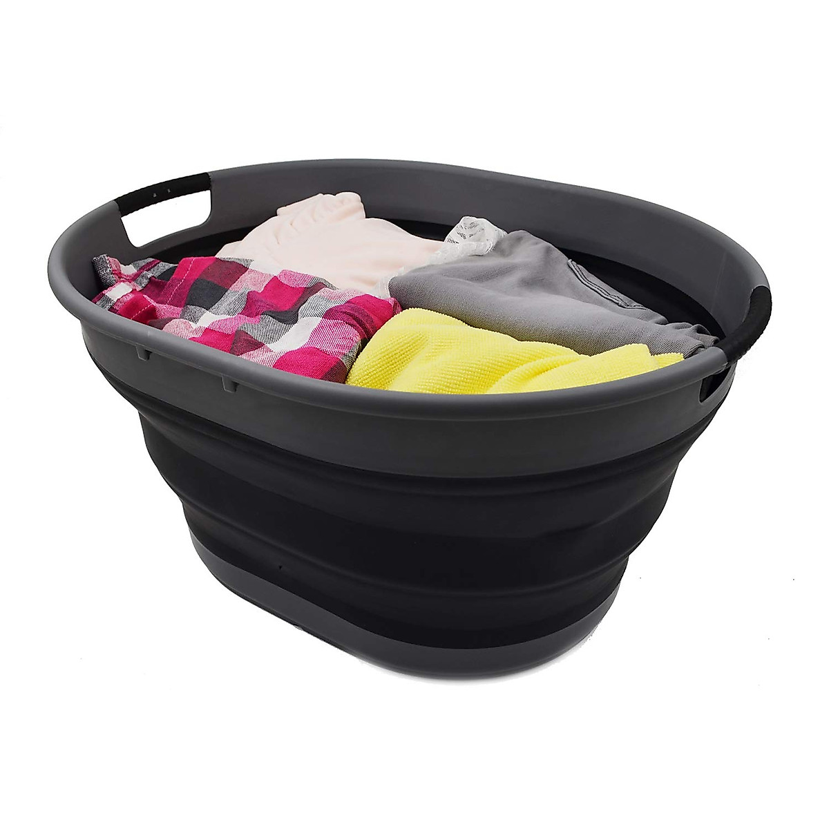 SAMMART 25L(6.6 gallon) Collapsible Oval Laundry Basket-Foldable Storage Container/Organizer-Portable Washing Tub-Space Saving Hamper-Pet Bath Tub,Water capacity 20L(5.28 gallon) (Grey/Black)