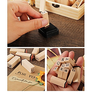 36 Pieces Wooden Rubber Letters Number Stamp, Alphabet Vintage Stamps Set for Card Making, DIY Clay Craft Scrapbooking, with Ink Pad and Box (A#)