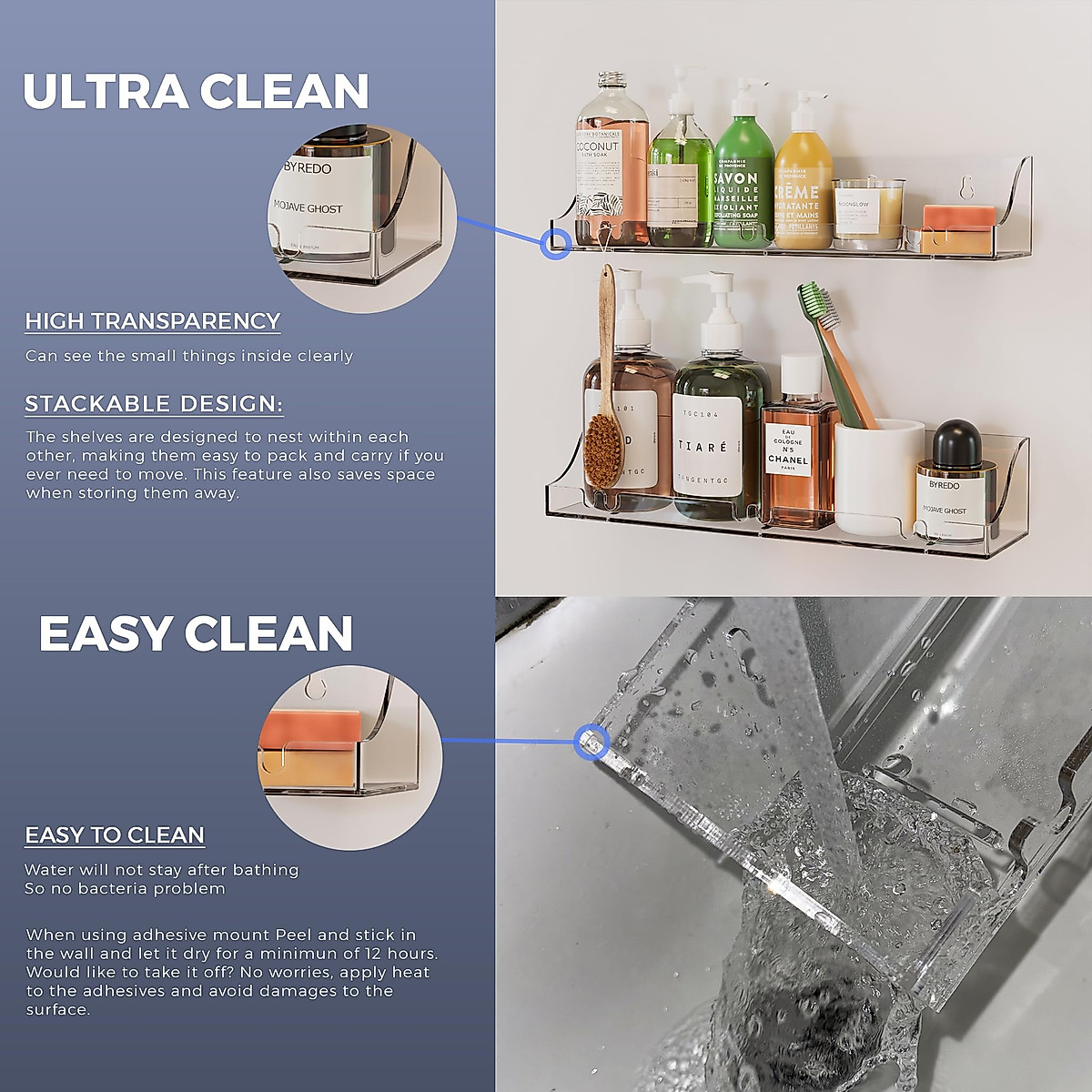 Acrylic Shower Shelves, Peel and Stick, No Drill Installation, Floating Shower Caddy, Bathroom Wall Storage, Clear Design Perfect for Organizing Bathroom Essentials, 2 Pack.