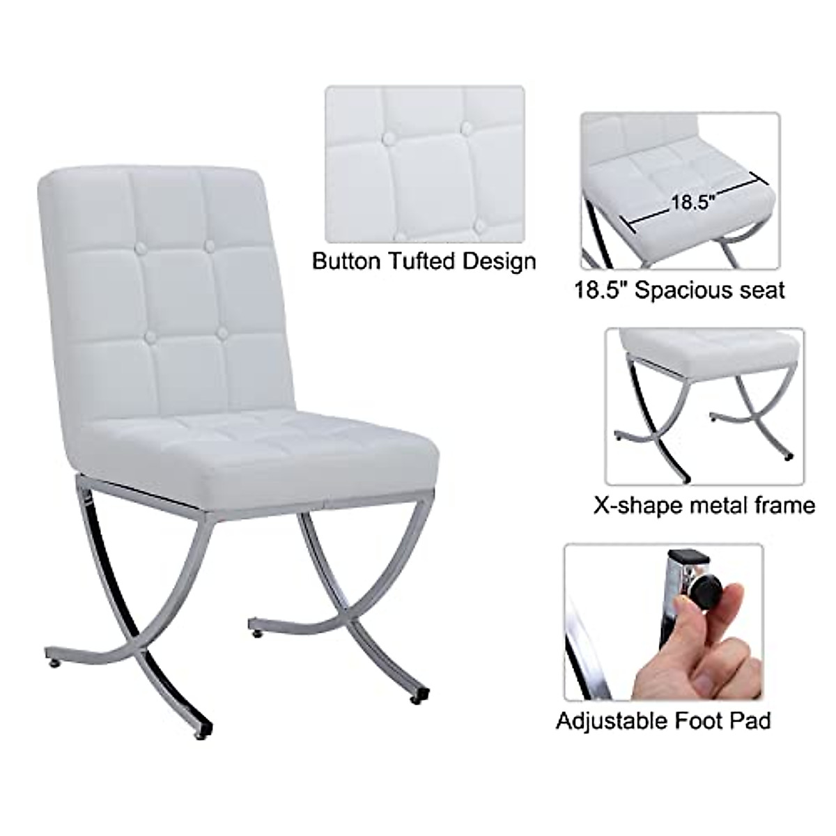 CIMOTA Modern White Dining Chairs Set of 6 Upholstered Tufted Leather Dining Room Chairs Kitchen Chairs Comfy Armless Side Chairs with Chrome Metal X Legs for Dining Room/Living Room, PU White/6PCS