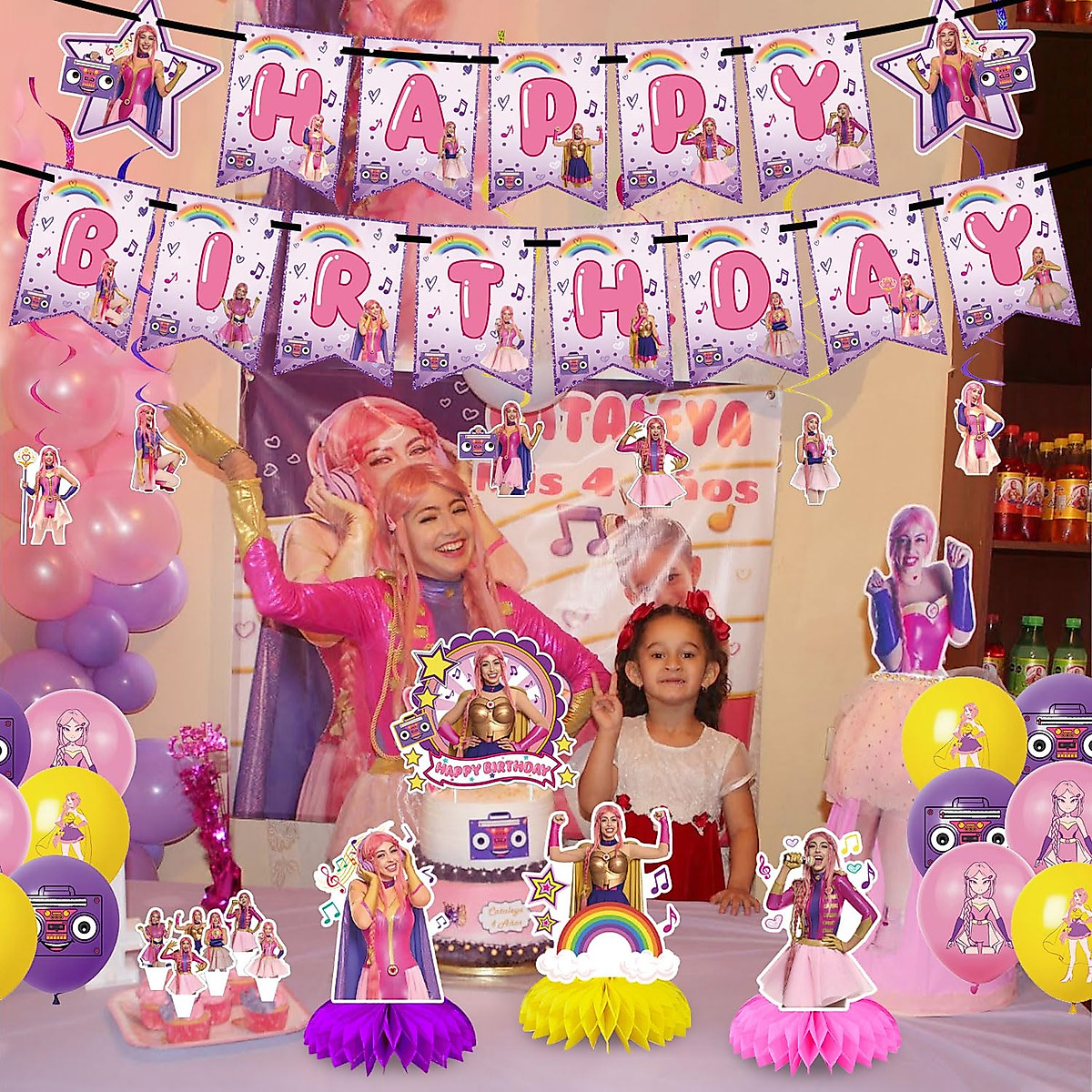 Generic 𝐿𝑢𝑙𝑖 𝑃𝑎𝑚𝑝𝑖𝑛 Birthday Party Decorations, Music Themed Birthday Banner Honeycomb Centerpieces Hanging Swirls Cupcake Cake Toppers Party Balloons for Birthday Baby Shower Party Supplies