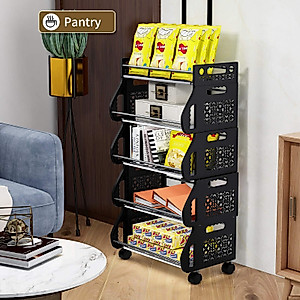 Baboies 5 Tier Fruit Vegetable Basket, Stackable Storage Cart with Wheels, Utility Rolling Stand Rack for Kitchen, Pantry, Garage, Produce, Onion, Potato