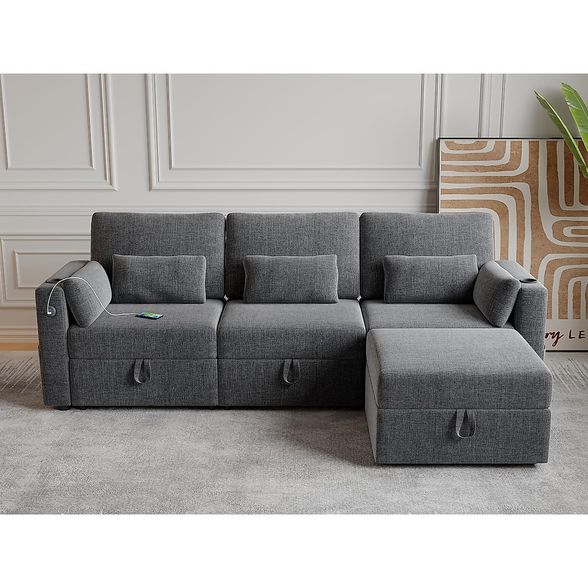 ISHUHL Modular Sectional Sofa with Storage, U Shaped Sectional Sofa with Chaise & Ottomans, Convertible 6 Seat Couch for Living Room with High Supportive Waist Pillow and Cup Holder