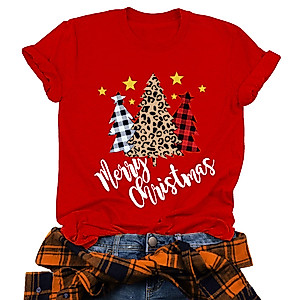 MAIHUN Merry Christmas Shirts for Women Leopard Plaid Christmas Trees Shirt Xmas Holiday Tee Tops