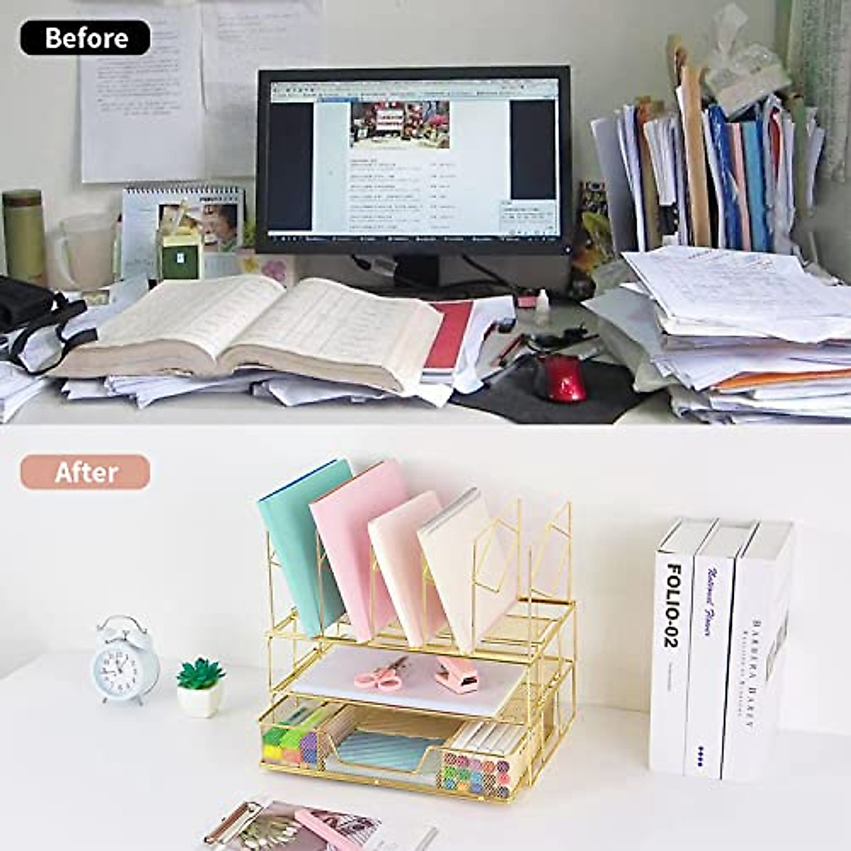 Youbetia Desk Organizers and Accessories - Double Tray and 5 Upright Sections, Office Supplies Desk Organizer with Drawer, File Office Organization with Binder Clips, Gold