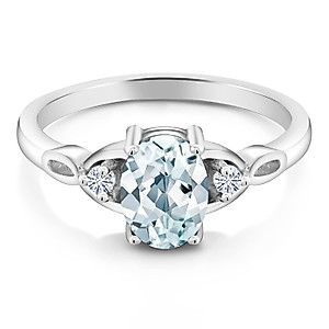 Gem Stone King 925 Sterling Silver Sky Blue Aquamarine and White Moissanite 3-Stone Rings For Women (1.28 Cttw, Gemstone March Birthstone, Oval 8X6MM, Available In Size 5, 6, 7, 8, 9)