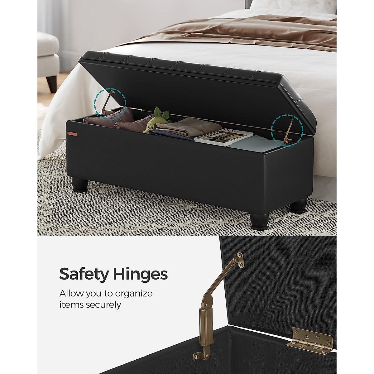 SONGMICS Storage Ottoman, Storage Bench, Tufted Entryway Bedroom Bench, 17.7 x 46.5 x 17.7 Inches, Hinges Easy Lid Operation, Wooden Legs, Synthetic Leather, Loads 330 lb, Classic Black ULOM071B01
