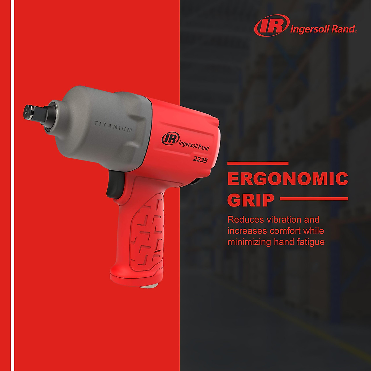 Ingersoll Rand 2235TiMAX-R 1/2" Drive Air Impact Wrench, Lightweight 4.6 lb Design, Powerful Torque Output up to 1,350 ft-lbs, Titanium Hammer Case, Max Control, Red