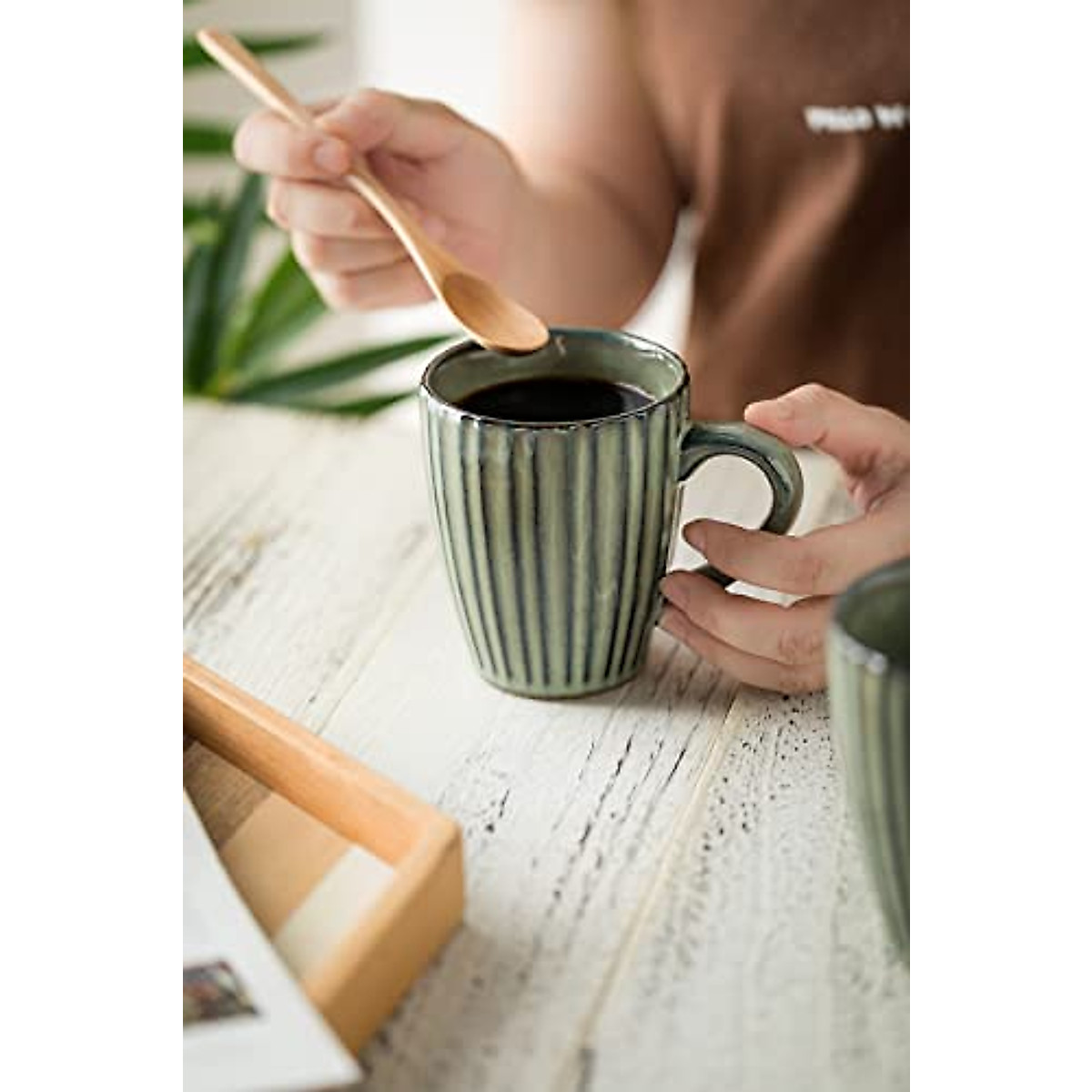 LAUCHUH Coffee Mug Set, Porcelain Fluted Mug 12 Oz Coffee Mugs with Large Handle for Coffee, Tea, Milk, Cocoa, Cereal, Father Day Gifts, Green Framhouse Style for Christmas, Set of 6