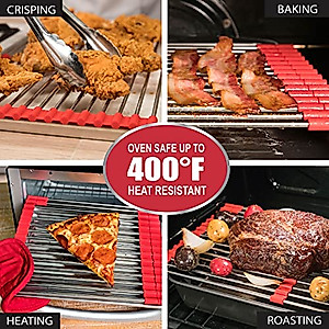 Total Rack, Expands 10" to 21", 10-Inch-Wide Multipurpose Over-Sink Dish-Drying Rack, Oven-Safe, Cooling, Crisping, Roasting, Trivet, and Serving, Nonslip Silicone and Stainless-Steel Rack, Red