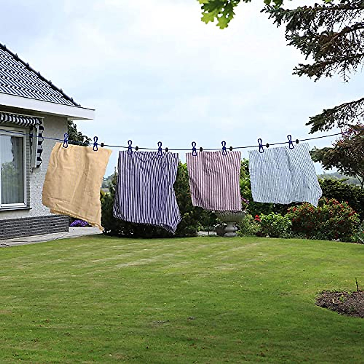 Portable Clothesline with 12pcs Clips, Windproof Travel Camping Clothes line Retractable Elastic Laundry Drying Clothes Line for Backyard, Hotel, Outdoor and Indoor Use, 2 Pack (Black+Blue)