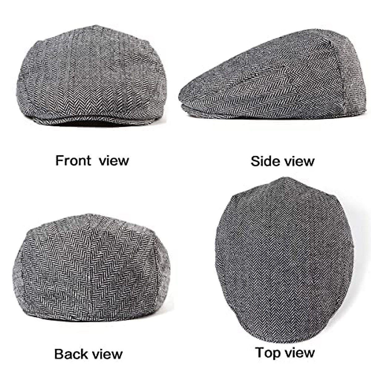 LADYBRO 2 Pack Black+Grey Tweed Newsboy Cap Retro Wool Hat for Men Flat Cap Ivy Hat Cap Golf Hat Size: 7 1/4, fits hc 21 5/8" - 22 3/4"