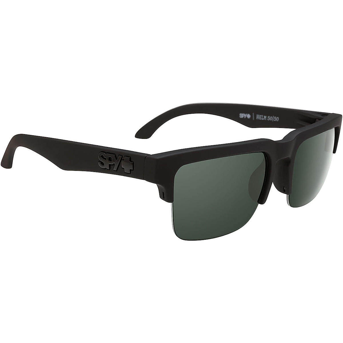 SPY Optic Helm 50/50, Square Semi-rimless Sunglasses, Color and Contrast Enhancing Lenses, Soft Matte Black - Happy Gray Green Polarize Lenses