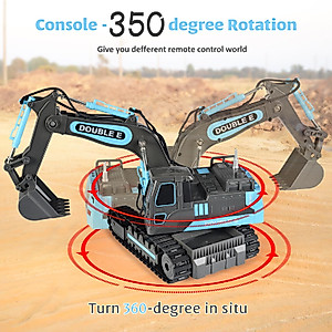 DOUBLE E Remote Control Excavator Toy RC Excavators Rechargeable Battery Digger Hydraulic Construction Toys Vehicles Xmas Gift for Boys Girls Kids 3-14 Years，Gray-Blue
