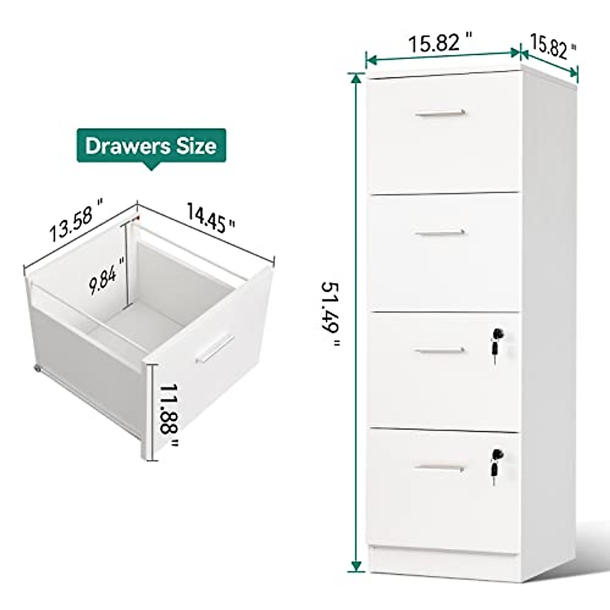 YITAHOME 4-Drawer File Cabinet with Lock, 15.86" Deep Vertical Filing Cabinet, Storage File Drawers for Letter A4-Sized Files, Need to Assemble, White