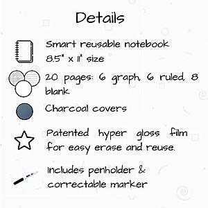 WIPEBOOK SMART REUSABLE SCAN NOTEBOOK - Smart Reusable Whiteboard Notebook - Ruled/Graph/Blank (8.5" x 11") with Expo Ultra Fine Dry Erase Marker | Ideal For Note-Taking & Doodling Charts | 8.5" x 11"