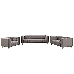3-Piece Sofa Sets Living Room Sets with Solid Wood legs, Buttoned Tufted Backrest, Dutch Fleece Upholstered Couches Sets Including 3-Seat Sofa, Loveseat and Chair for Living Room (Grey)