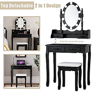 LDAILY Vanity Table Set w/Lighted Mirror, Makeup Vanity Table with 10 LED Lights, 4 Drawers & Oval Mirror, Bedroom Dressing White Black Dark Brown BC-HW66050US Vanity Table Set with Lighted Mirror