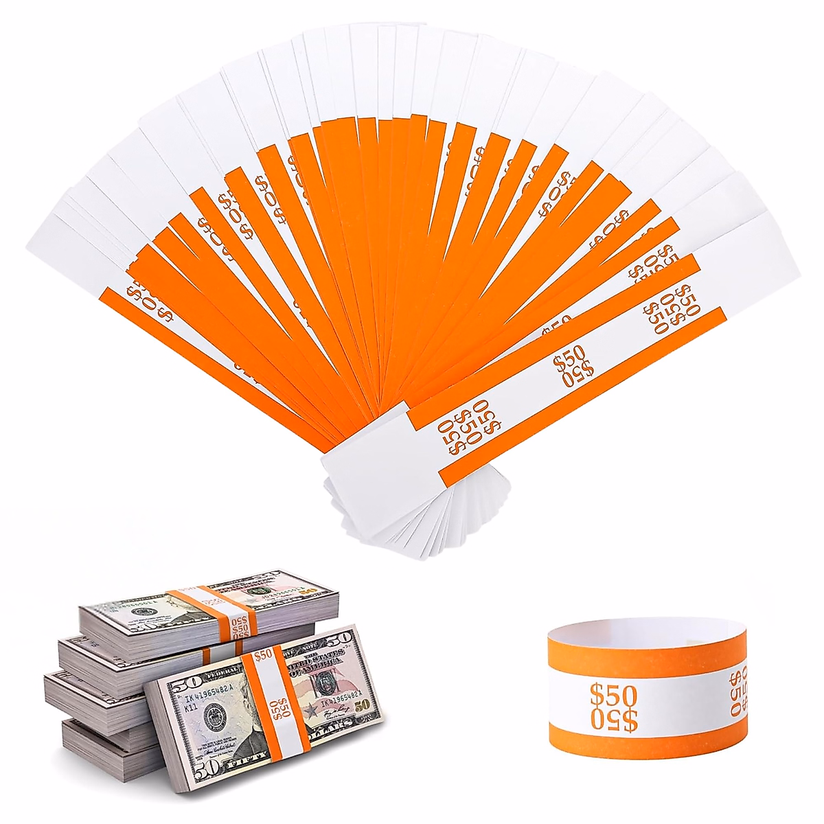 Self-Sealing Currency Straps - Pack of 100 Orange Bands for $50 Bills - Securely Organize and Transport Your Cash