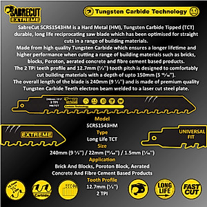 2 x SabreCut SCRS1543HM_2 Tungsten Carbide 9 29/64" (240mm) 2 TPI S1543HM Small Bricks Poroton Fibre Cement Concrete Straight Cutting Reciprocating Sabre Saw Compatible with Bosch Dewalt and others