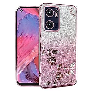 Kainevy for Oppo Reno 7 5G Case Glitter for Women Girls Pink Floral Clear Shockproof Protector Oppo Reno 7 5G Phone Case Luxury Diamond Bling Sparkle Cute Phone Cover Soft TPU (Pink)
