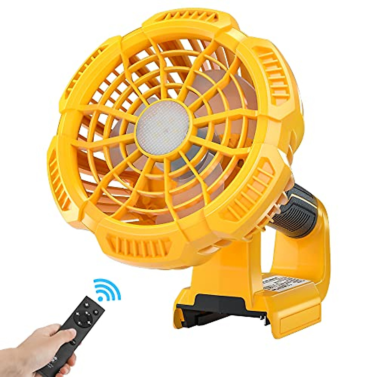 WaxPar For Dewalt Fan Cordless Camping Fan for Dewalt 20V Lithium Battery, USB Floor Fan Battery Operated Fan with 9W LED Light, Remote, 4H Timer Portable Tent Fan for Jobsite, Hiking, Fishing