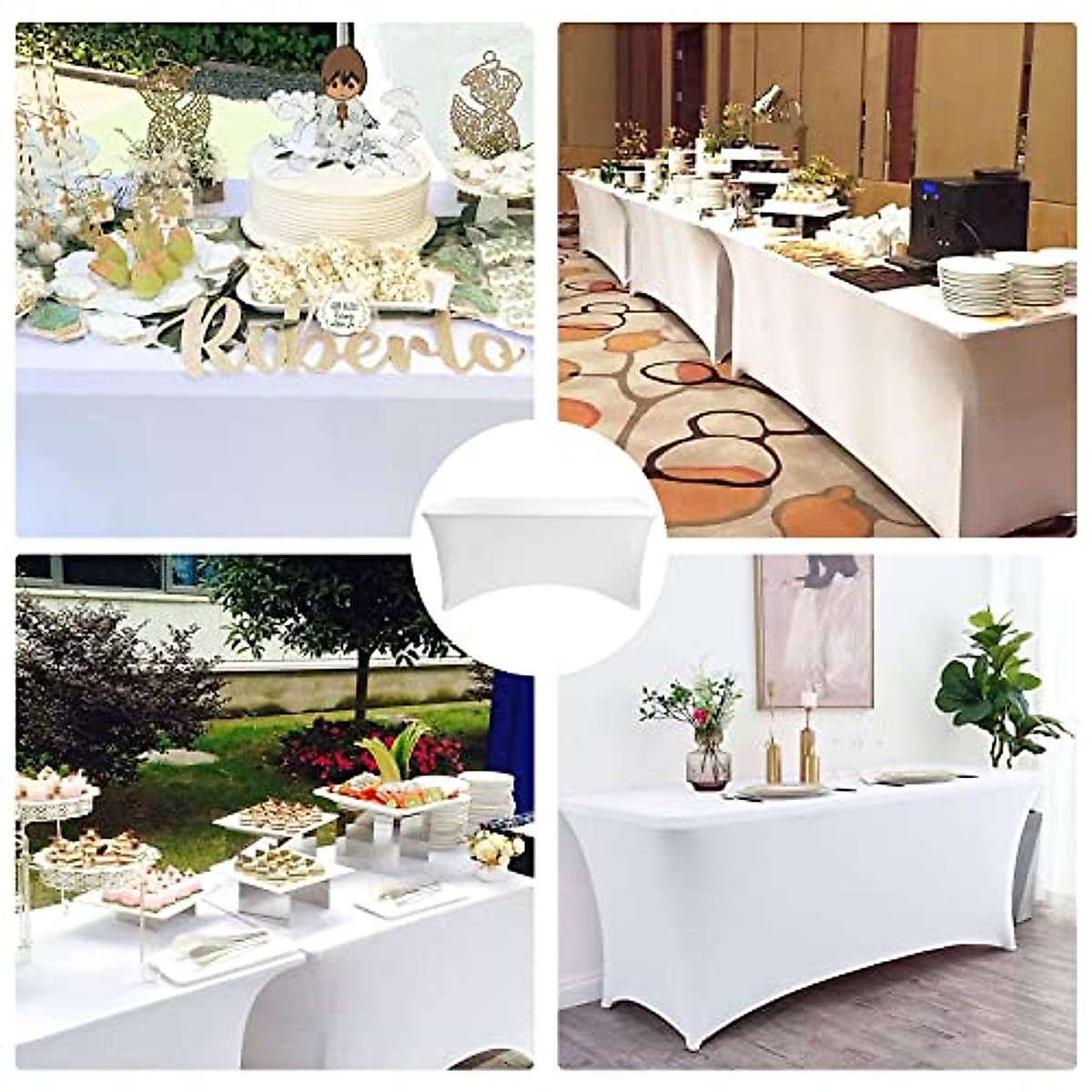 JALANCY 8 Pack 6FT Spandex Table Covers Fitted Rectangle Tablecloth Washable Wrinkle Resistant Stretch Table Cloth for Folding Table Wedding Party Birthday Banquet Bar Events（White）