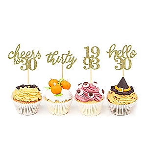 24 PCS Gold Glitter 30th Birthday Cupcake Toppers for Celebrating Thirty Years Old Birthday Party Decorations for 30th Anniversary Party Supplies
