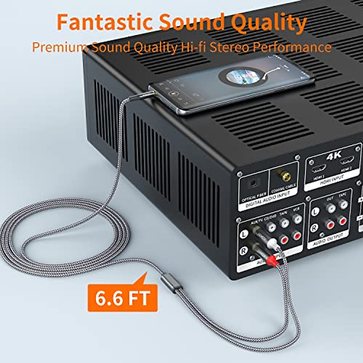 3.5mm to RCA Cable, (6.6ft/2M) RCA Male to Aux Audio Adapter HiFi Sound Headphone Jack Adapter Metal Shell RCA Y Splitter RCA Auxiliary Cord 1/8 to RCA Connector for Phone Speaker MP3 Tablet HDTV