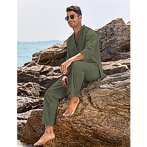 COOFANDY Men's 2 Piece Linen Sets Casual Long Sleeve Shirt and Loose Pants Set Beach Vacation Outfits, Army Green, Large
