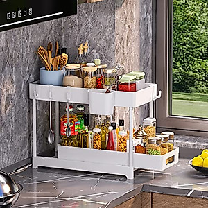 XEAPOMS Under Sink Organizers and Storage, 2 Pack Multi-Purpose Under Sink Organizer with Sliding Storage Drawer, 8 Hooks & 2 Hanging Cups, 2 Tier Under Sink Storage for Cabinet Bathroom Kitchen,White