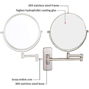 Ci Hua Bathroom MirrorWall, Wall Mounted Makeup Mirror, 8 inch Nickel Finish Rotatable Magnifying Shaving Mirror, Extendable Folding Cosmetic Bathroom Vanity Mirrors