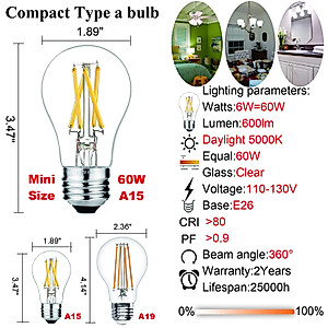 LiteHistory E26 Edison Bulb 6W=60 watt Light Bulb Dimmable Daylight 5000K Edison Light Bulb 60 Watt AC120V A15 led Bulb for Ceiling Fan,Vanity,Refrigerator,Wall scones 600lm E26 Light Bulb 6Pack