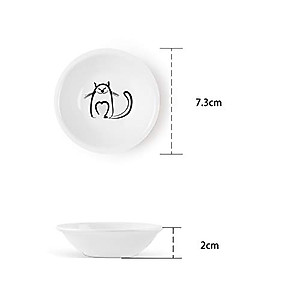 Cute Cat Ceramic Side Sauce Dishes Mini Heart shape Seasoning Dish, Sushi Soy Dipping Bowl,Serving Saucers Dishe,Meow Porcelain Small Tea Bag Holder Set of 6 (Round)