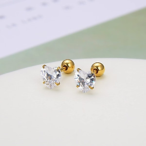 4 Pairs Screw Back Surgical Stainless Steel Stud Earrings, Gold Plated Silver Heart Star Square Princess Cut Round CZ Cubic Zirconia Stud Earrings Set (Gold Heart CZ)