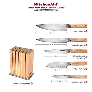 KitchenAid 6-Piece Ashwood Knife Block Set | Premium Damascus Steel Blades | Pakkawood Handles | Space-Saving Design | Includes Chef, Santoku, Slicing, Utility & Paring Knives | Kitchen Knife Set