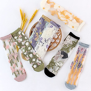Alafime Coquette Aesthetic Socks Sheer Socks Mesh Socks Women 7 Pairs Kawaii Embroidered Florals Y2K Fulle Tube Socks (6pairs)