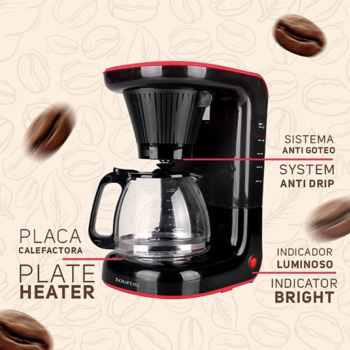 Taurus | Velvet | COFFEMAKER | Glass Jar 38.4 oz |Modern Design Coffee Machine|700 watts of power |washable and reusable filter |Compact size | Make it in minutes|