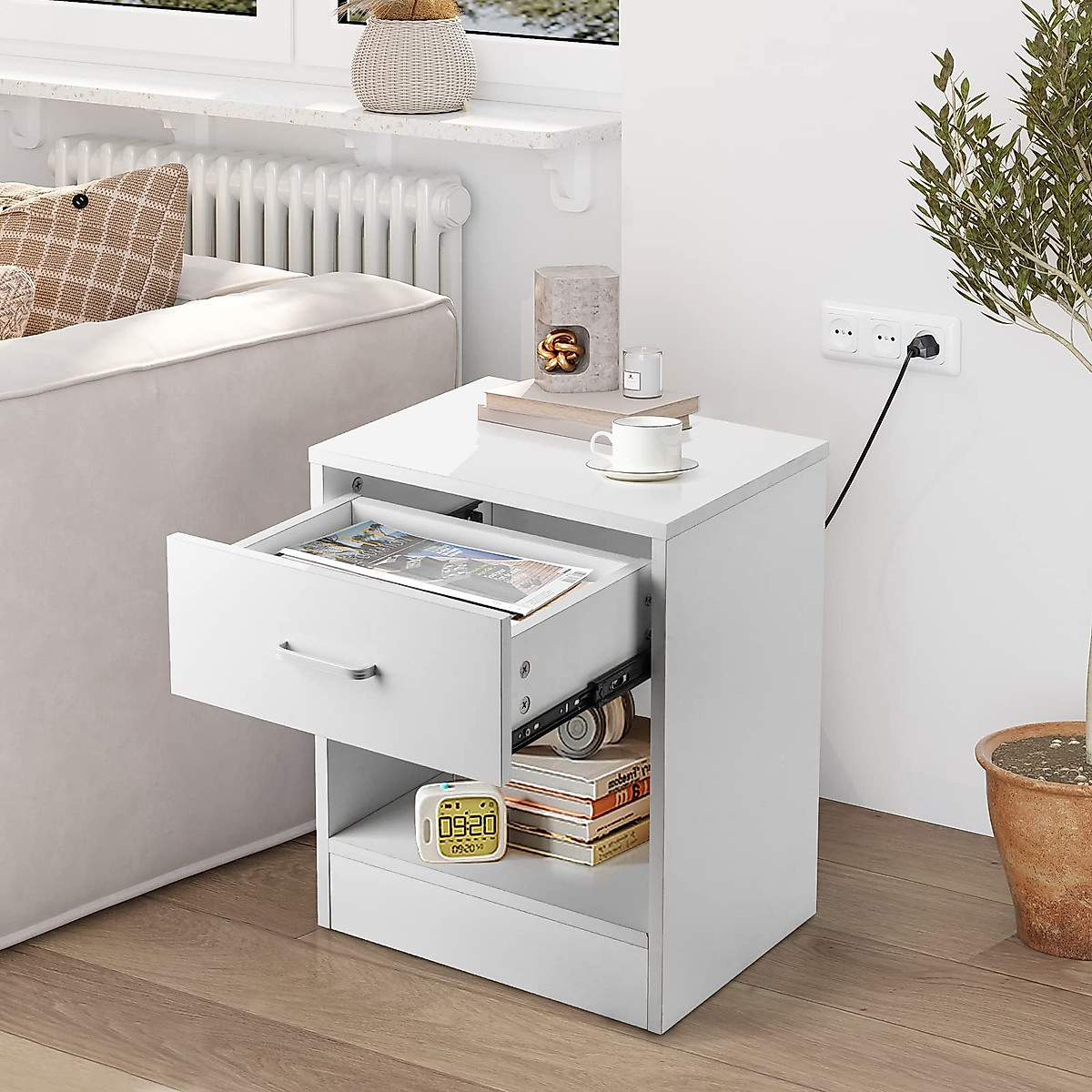 Karl home Nightstands Set of 2 with Drawer for Bedroom, Wood Night Stand Set 2 with Open Shelf, Modern Nightstand Bedside Tables Set of 2, End Table, White